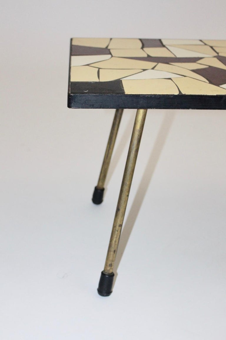Mid-Century Modern Vintage Brass White Brown Ceramic Tile Sofa Table ...