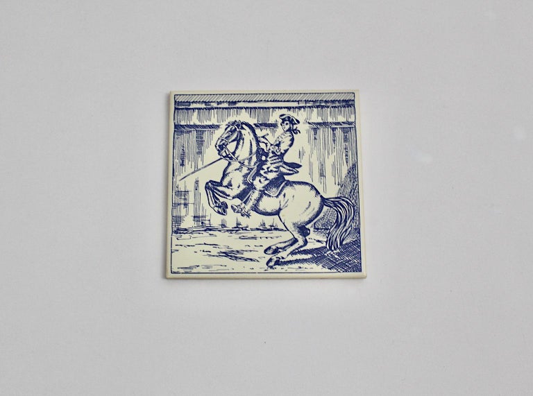 Mid-Century Modern Vintage Ceramic Tile Blue and White Cavalier, 1960s ...