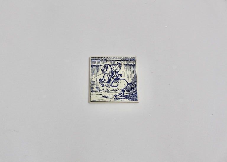 Mid-Century Modern Vintage Ceramic Tile Blue and White Cavalier, 1960s ...