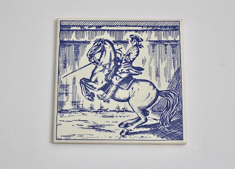 Mid-Century Modern Vintage Ceramic Tile Blue and White Cavalier, 1960s ...