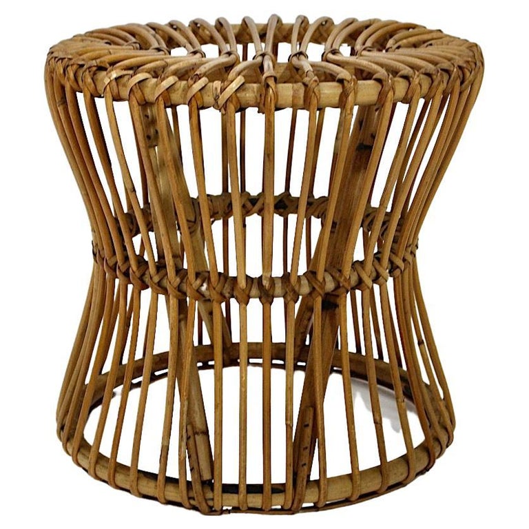 Mid-Century Modern Vintage Rattan Circular Stool Side Table, 1950s ...