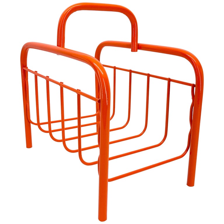Mid-Century Modern Vintage Red Orange Metal Magazine Rack at 1stDibs