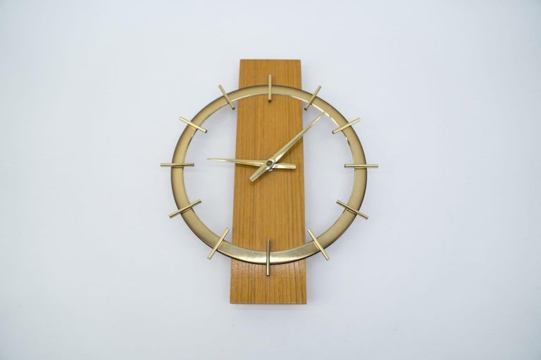 Mid-Century Modern Wall Clock Made in Wood and Brass, 1960s at 1stDibs