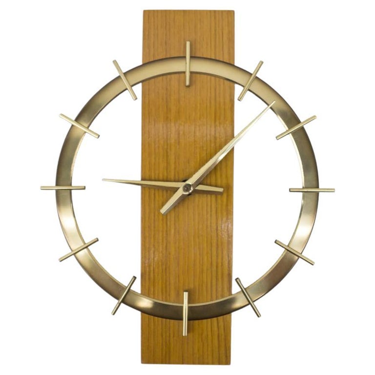 Mid-Century Modern Wall Clock Made in Wood and Brass, 1960s at 1stDibs