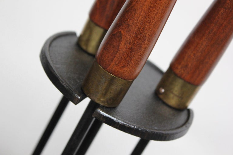 Mid-Century Modern Walnut and Brass Fire Tools For Sale at 1stDibs
