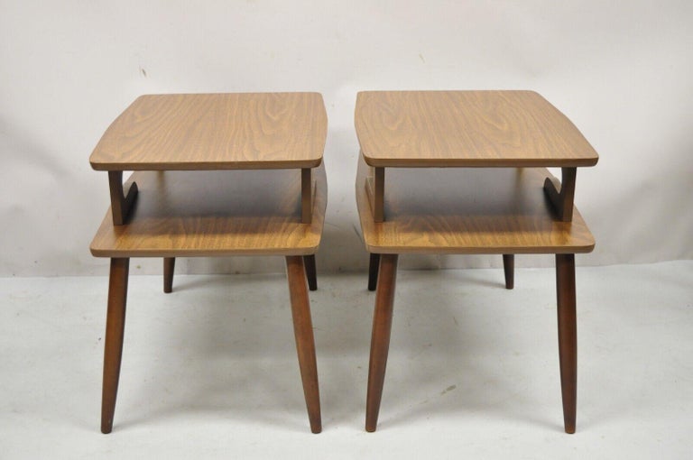 Mid Century Modern Walnut and Laminate Top 2 Tier Step Up End Tables - a Pair For Sale at 1stDibs