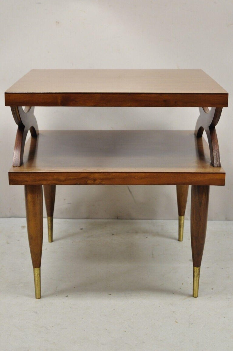 Mid Century Modern Walnut Base 2 Tier Laminate Square End Side Table ...