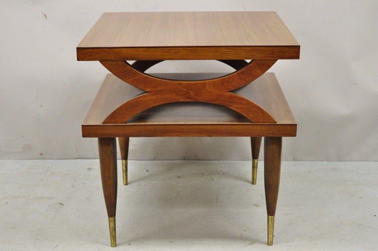 Mid Century Modern Walnut Base 2 Tier Laminate Square End Side Table ...
