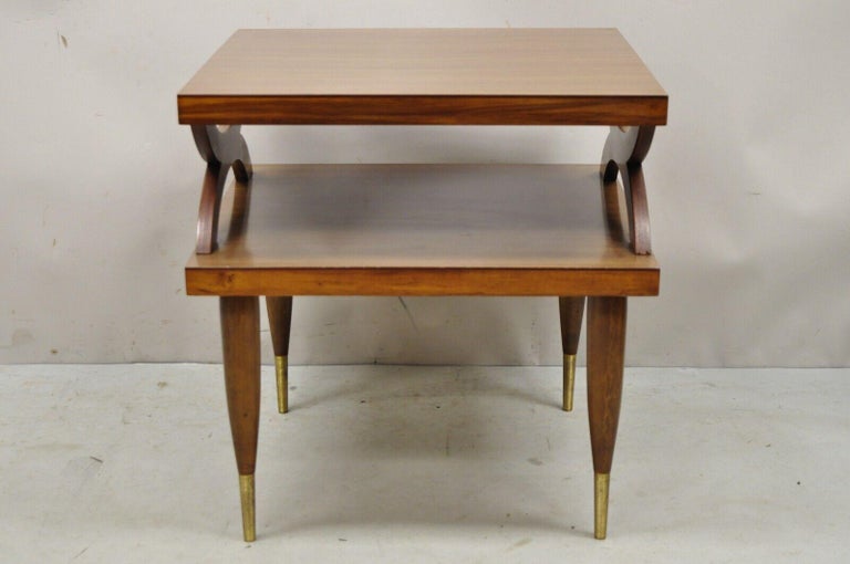 Mid Century Modern Walnut Base 2 Tier Laminate Square End Side Table ...