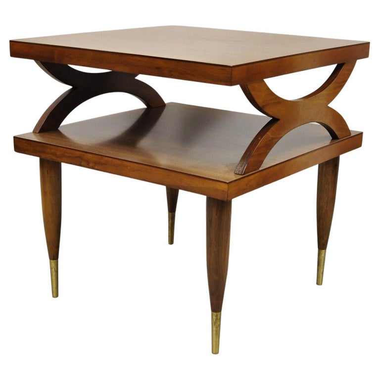Mid Century Modern Walnut Base 2 Tier Laminate Square End Side Table For Sale at 1stDibs