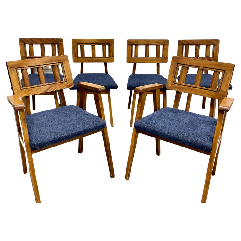Mid-Century Modern Walnut Dining Chairs + New Denim Upholstery, Set/6 ...