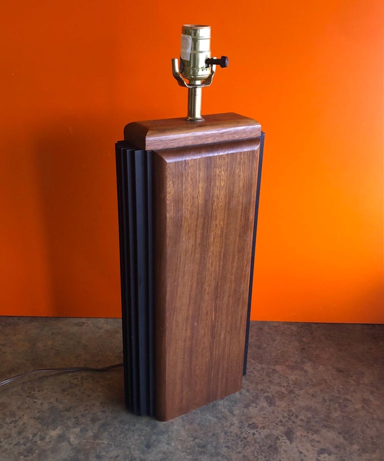 Mid-Century Modern Walnut Table Lamp with Black Metal Side Fins For ...