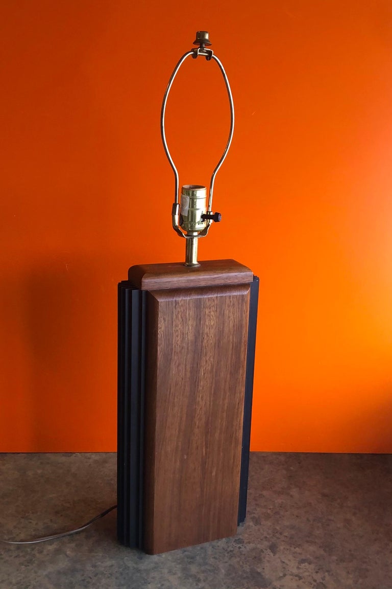 Mid-Century Modern Walnut Table Lamp with Black Metal Side Fins For ...