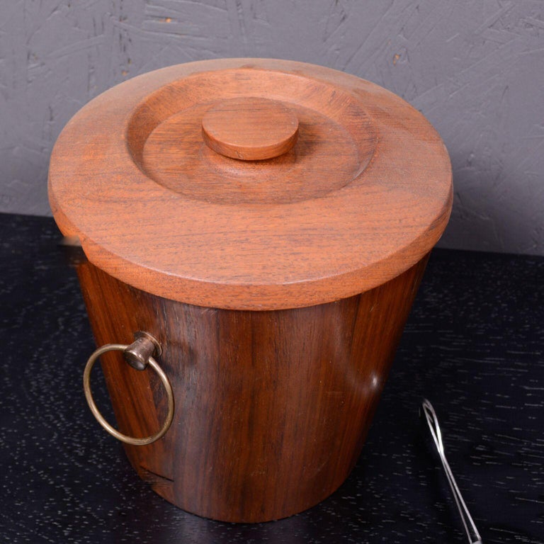 Mid-Century Modern Walnut Wood Ice Bucket with Stainless Steel Tongs ...