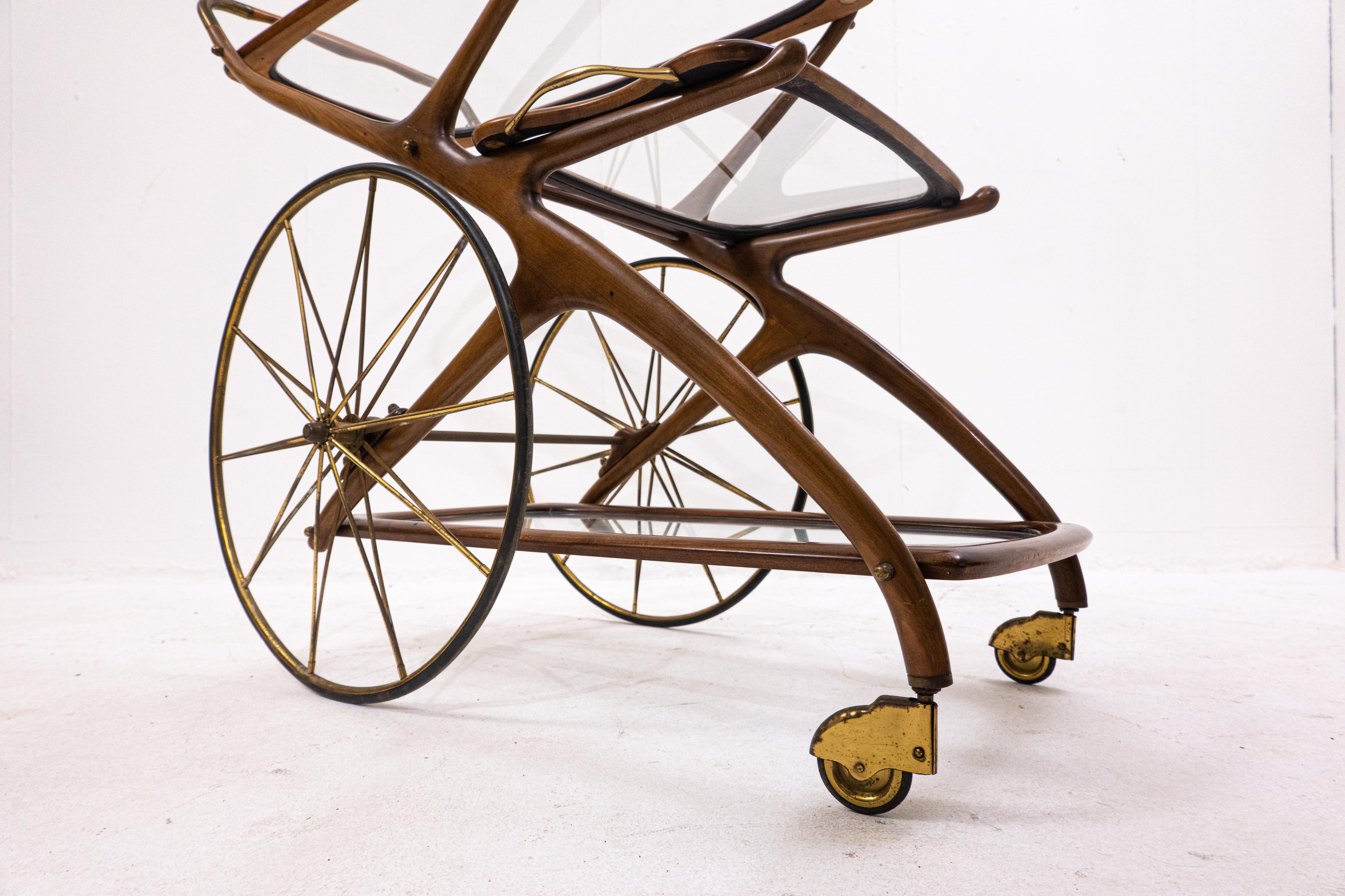 Mid-Century Modern Wood Brass and Glass Trolley with Removable Tray ...