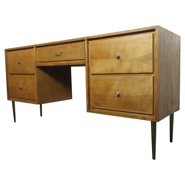 Mid-Century Modern Wood Desk with Brass Colored Legs For Sale at 1stDibs
