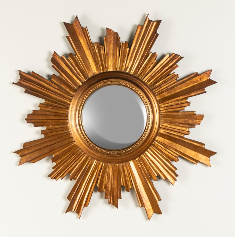 Mid-Century Modern Wooden Carved Convex Sunburst Mirror For Sale at 1stDibs