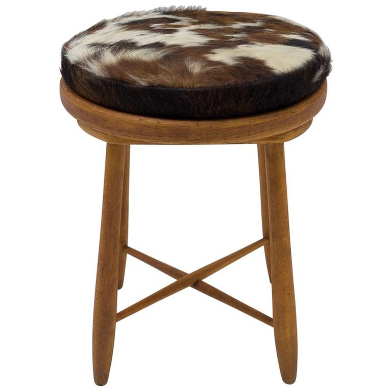 Mid-Century Modern Wooden Stool with Cow Skin Upholstery, France, 1950s ...