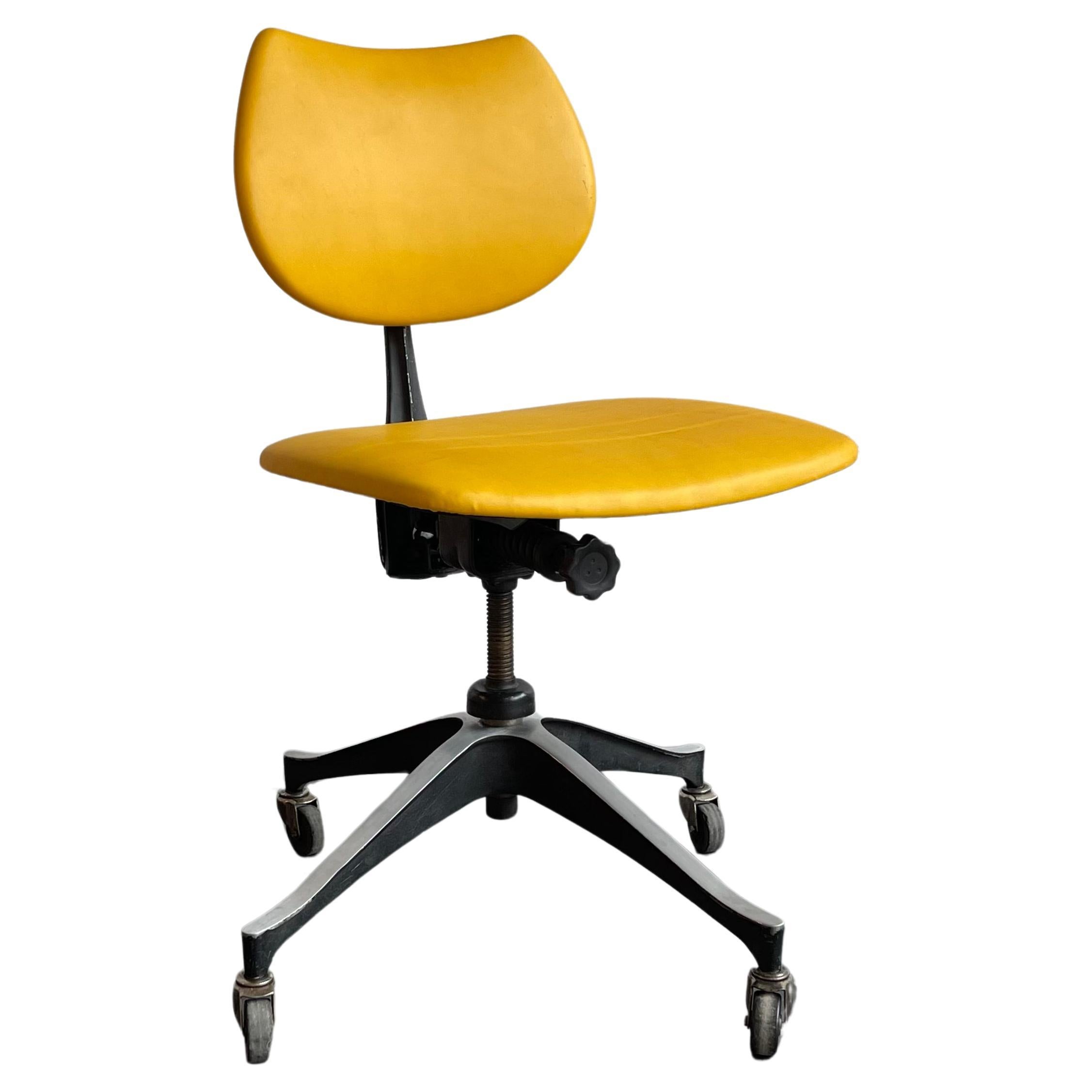 Mid-Century Modern Yellow Leather Steel Rolling Office Desk Chair For ...