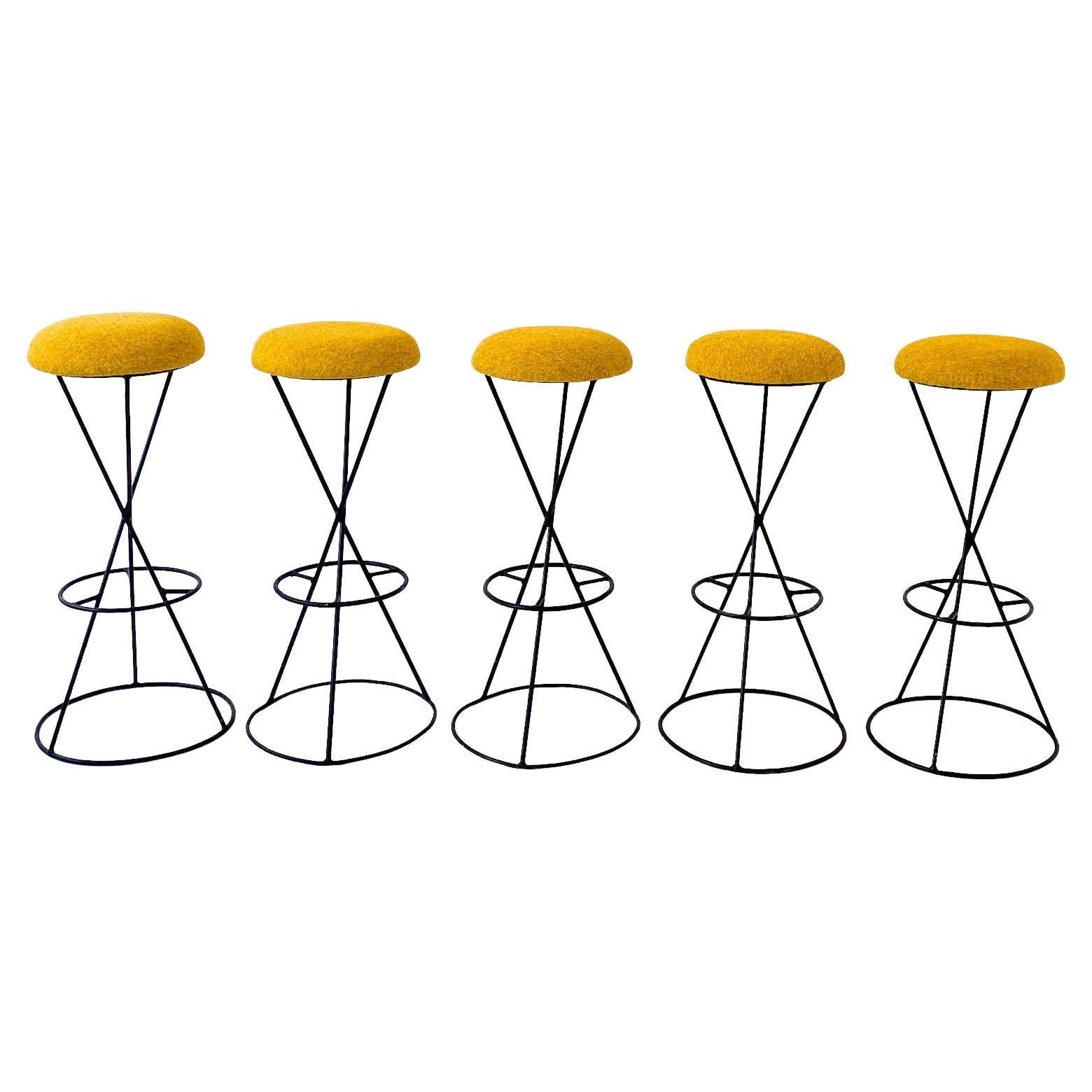 Seng of Chicago Swivel Wicker and Iron Bar Stools at 1stDibs