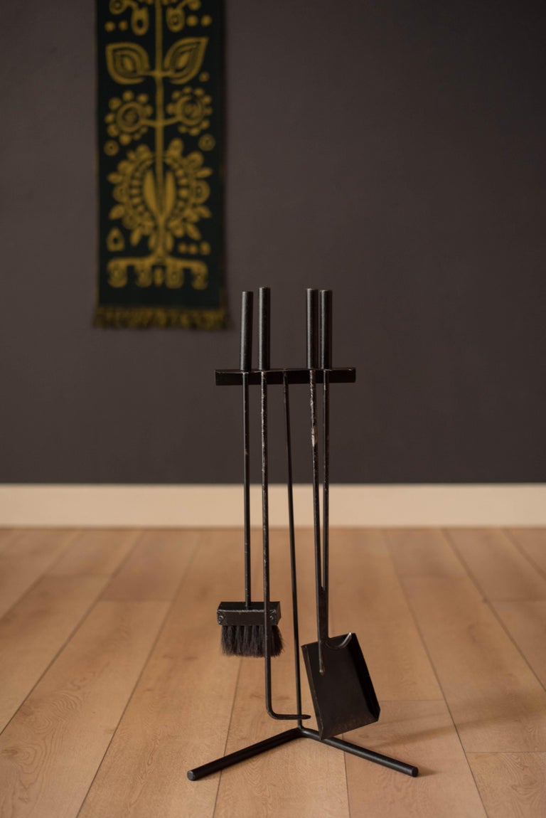 Mid Century Modernist Four Piece Black Cast Iron Fireplace Tool Set at ...