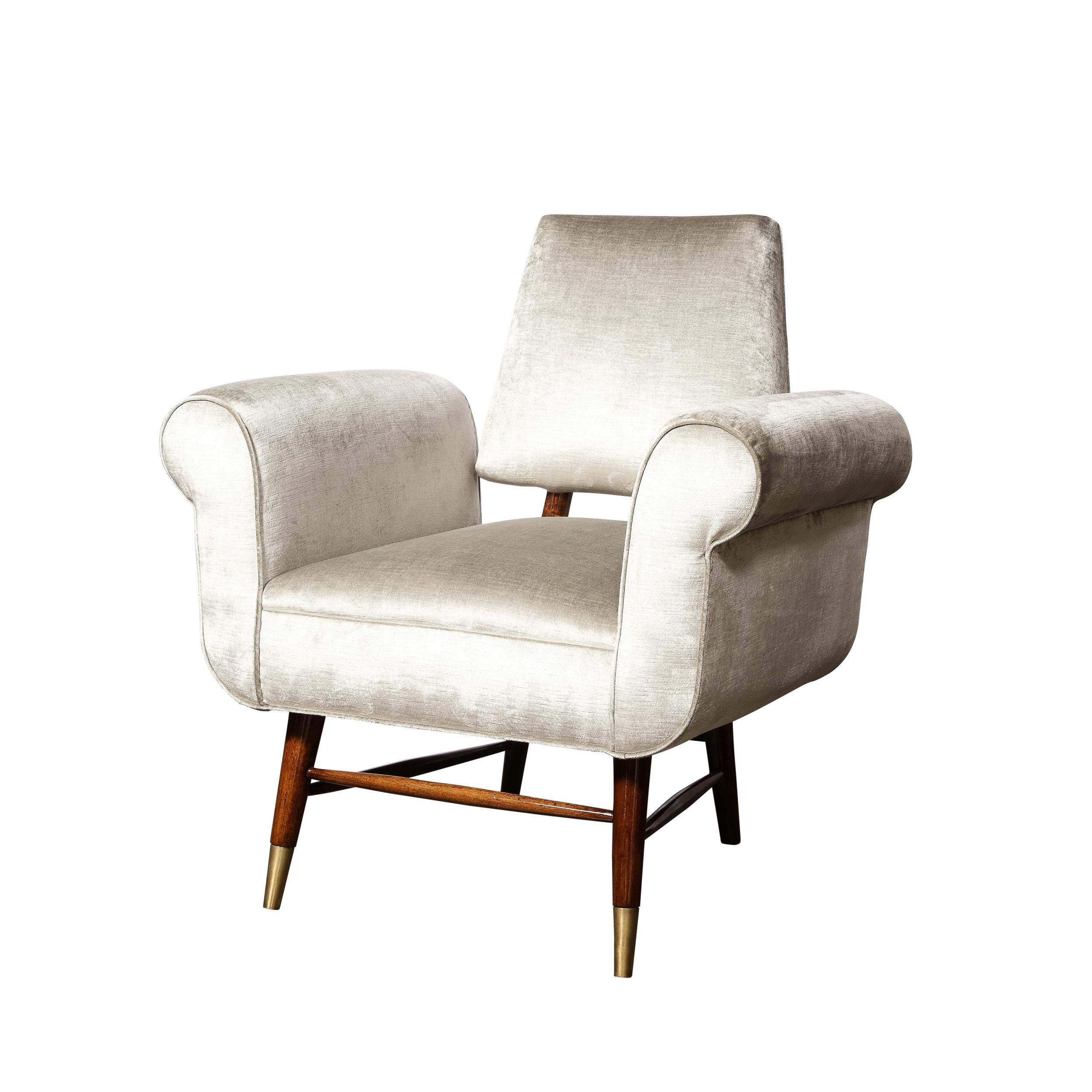 Mid-Century Modernist Walnut and Upholstered Arm Chairs W/ Brass Sabots ...