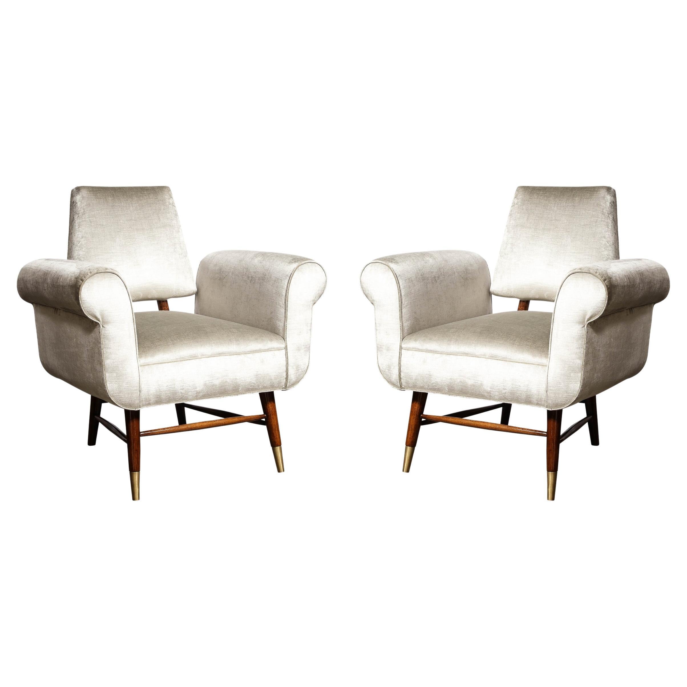 Mid-Century Modernist Walnut and Upholstered Arm Chairs W/ Brass Sabots ...