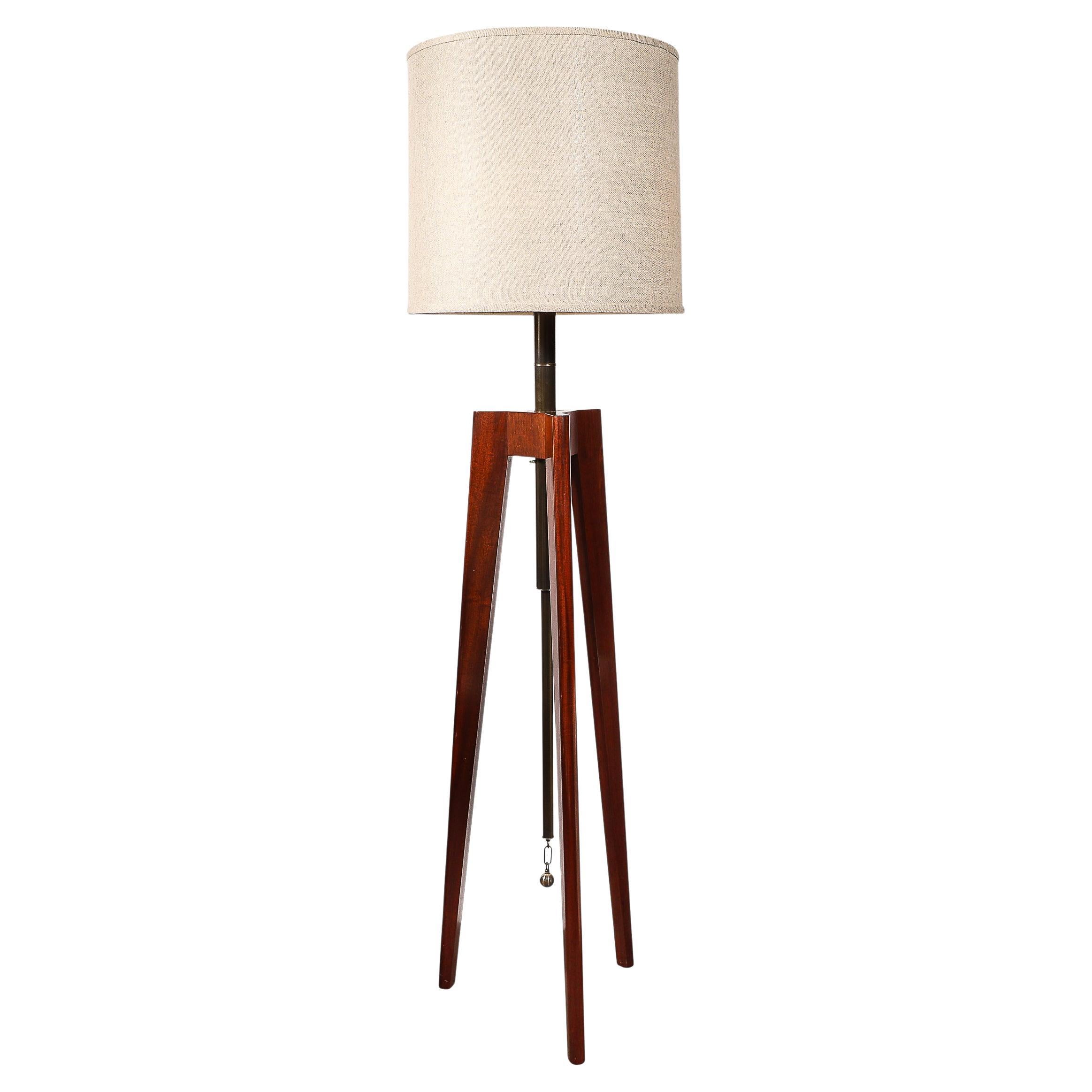 Mid-Century Modernist Walnut Tripod Base Floor Lamp with Custom Shade ...