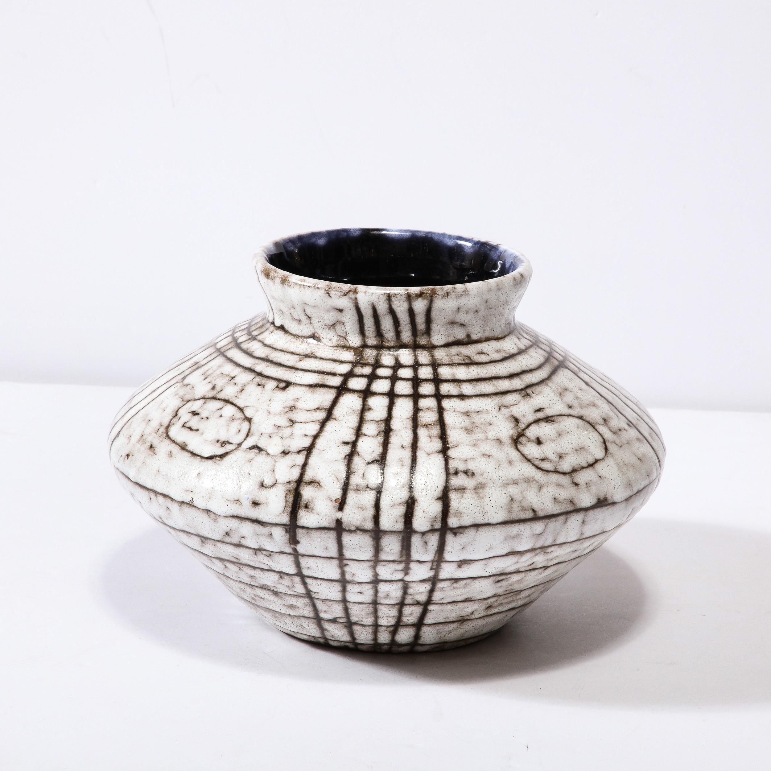 Mid-Century Modernist White and Earth Toned Ceramic Bowl w/ Gridded ...