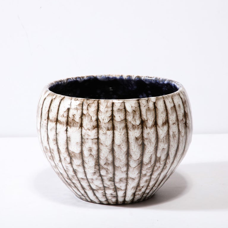 Mid-Century Modernist White and Earth Toned Ceramic Bowl with Vertical ...