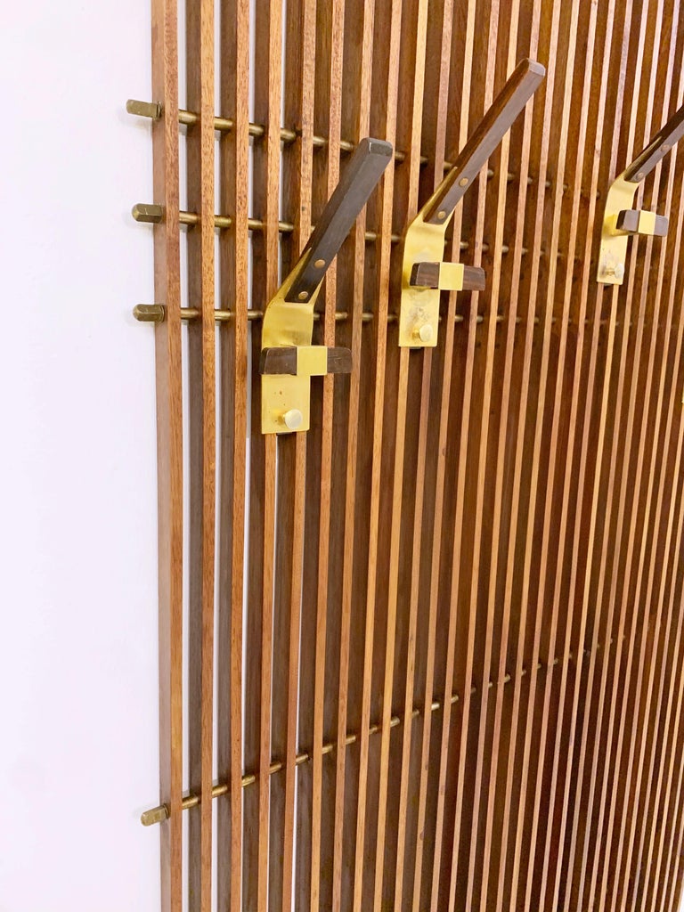 Mid-Century Modulable Slatted Wood and Brass Coat Rack, Italy 1950s For ...