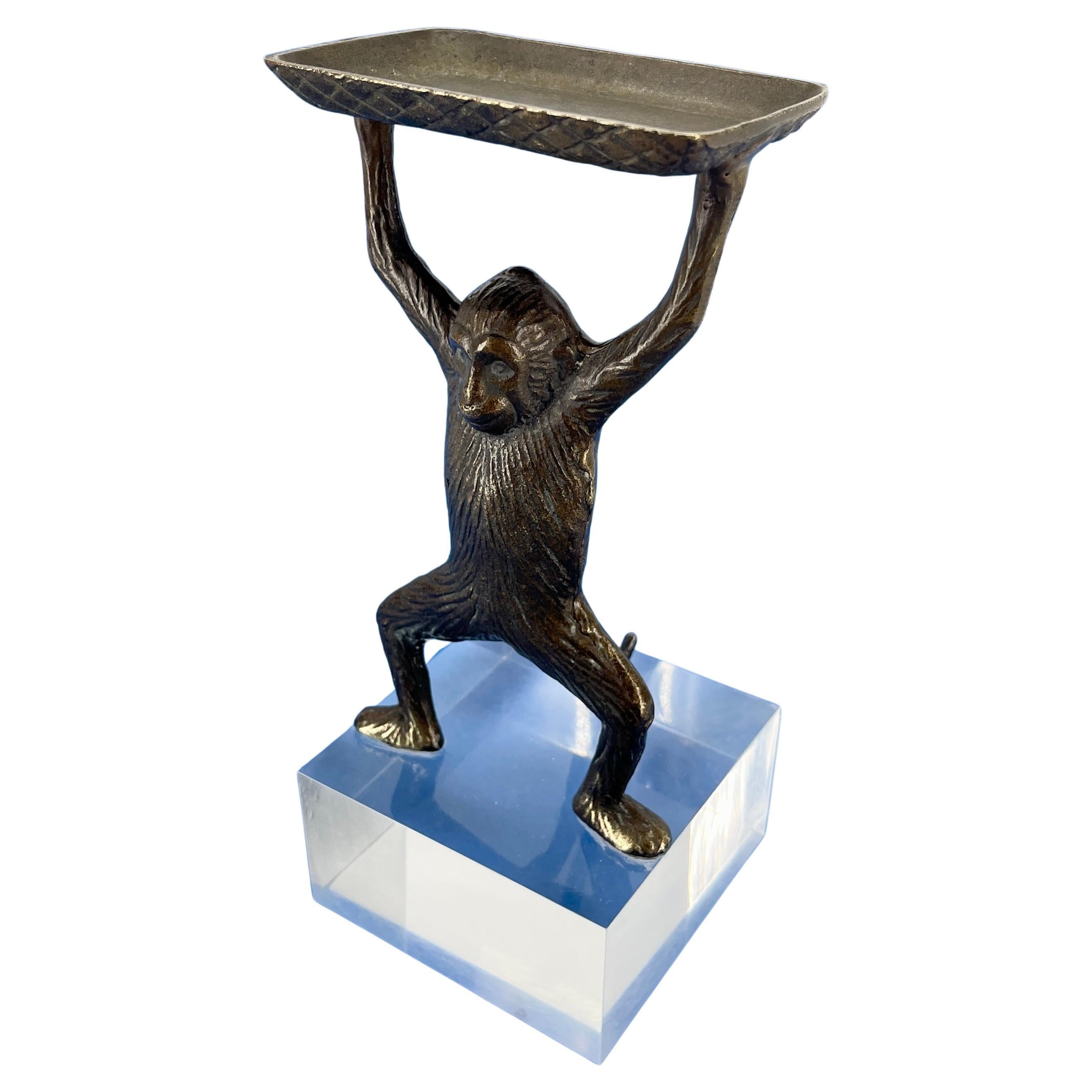 Midcentury Monkey Statue Tray on Lucite Base Stand For Sale at 1stDibs