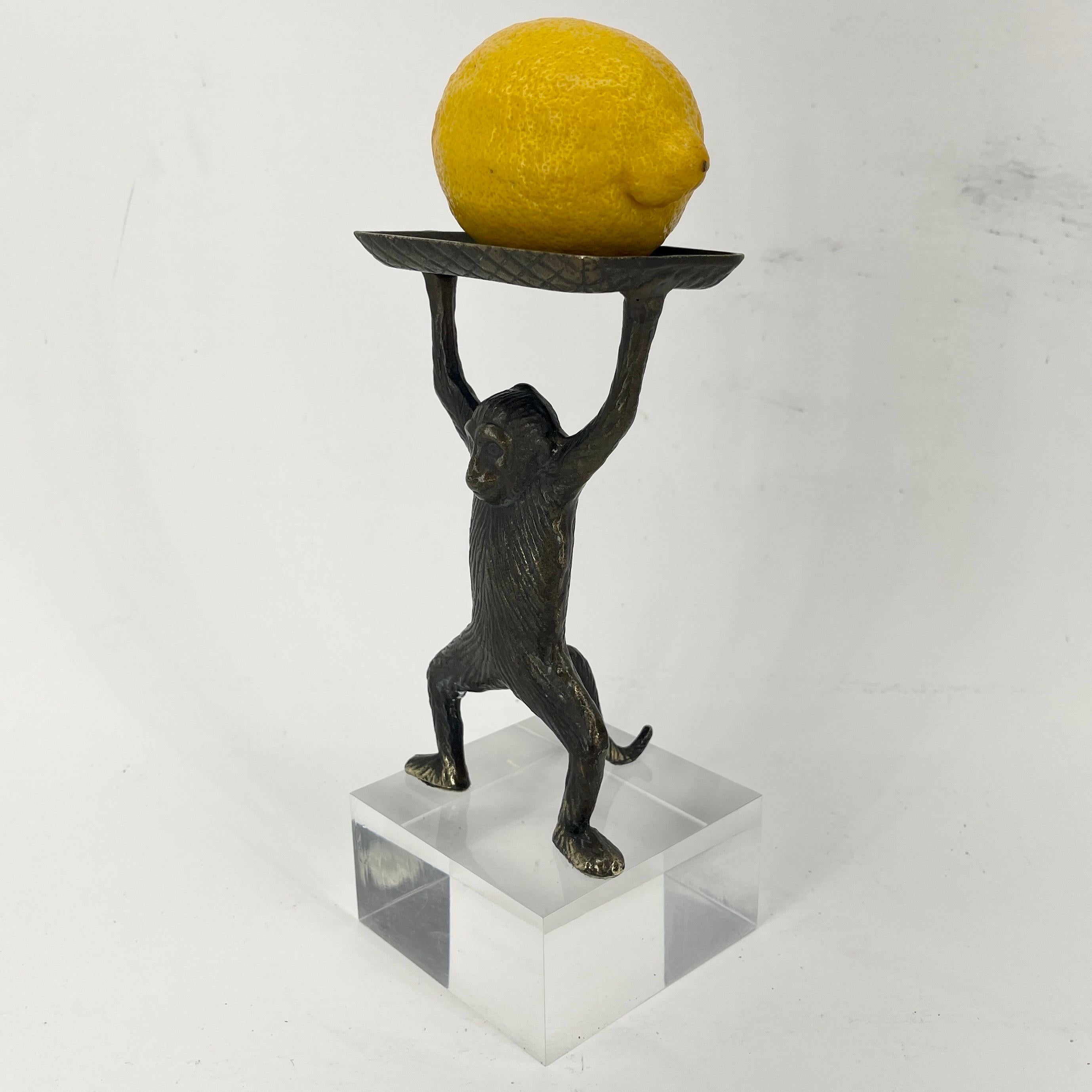 Midcentury Monkey Statue Tray on Lucite Base Stand For Sale at 1stDibs
