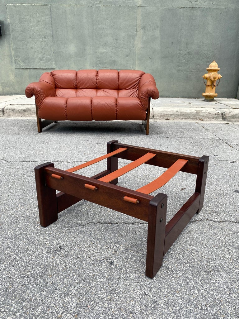 Mid Century Moveis Corazza Brazilian Leather and Wood Sofa and Stool ...