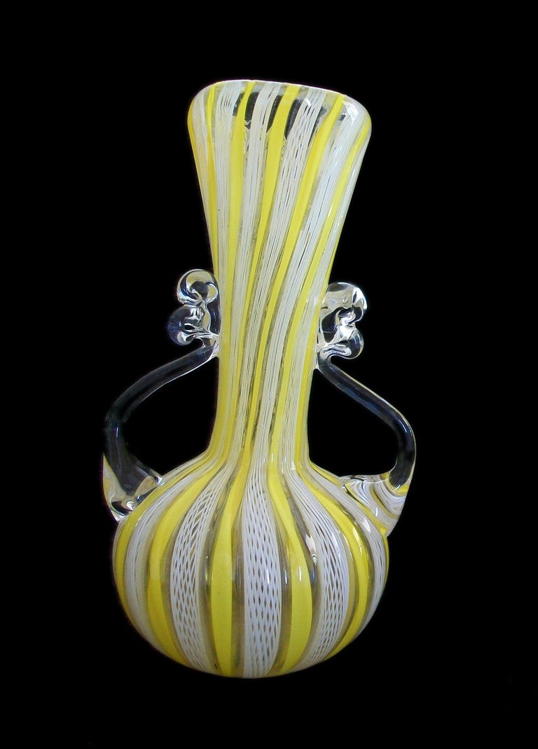Mid Century Murano Latticino Twin Handled Glass Vase, Italy, Circa 1960 ...