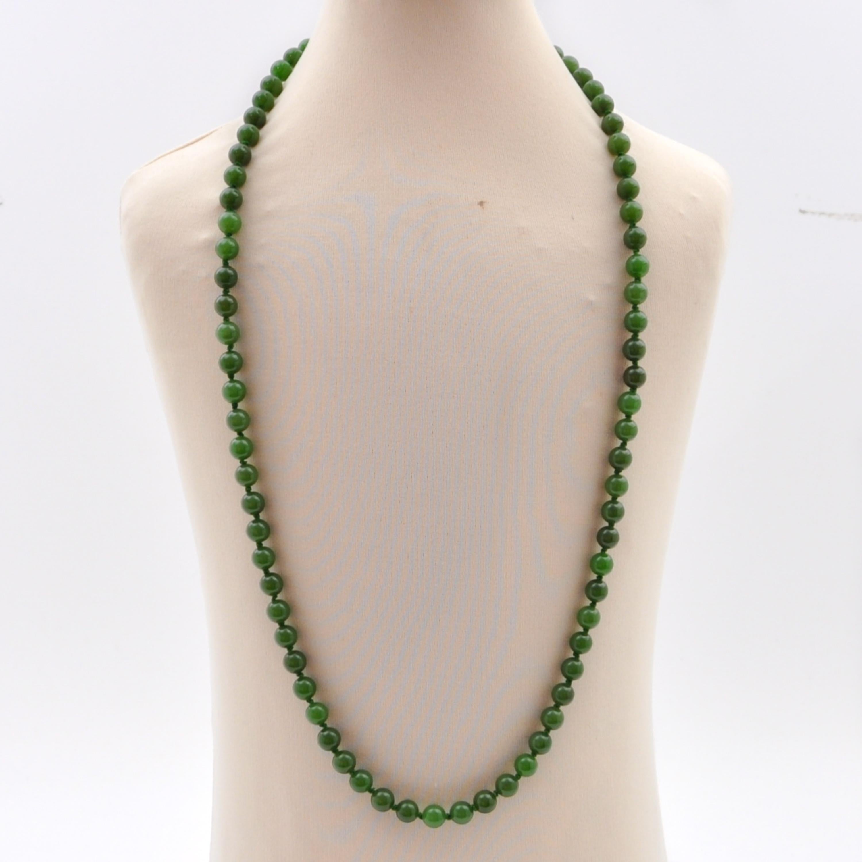 Mid-Century Nephrite Jade Long Single-Strand Beaded Necklace For Sale ...
