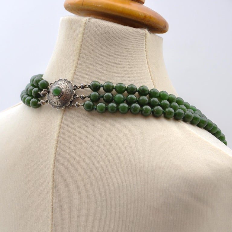 Mid-Century Nephrite Jade Thee-Strand Beaded Necklace For Sale at 1stDibs