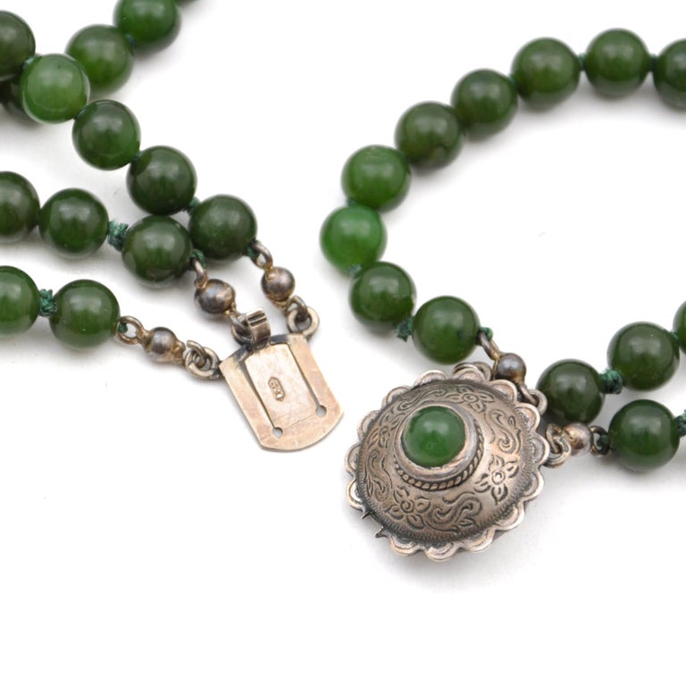 Mid-Century Nephrite Jade Thee-Strand Beaded Necklace For Sale at 1stDibs