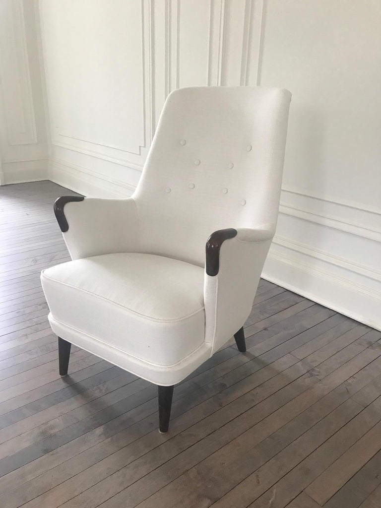 Midcentury Newly Upholstered Cream Armchair with Exposed Wood Detail at ...