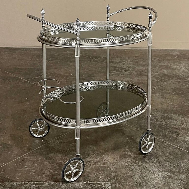 Mid-Century Nickeled Brass and Glass Oval Bar Cart For Sale at 1stDibs