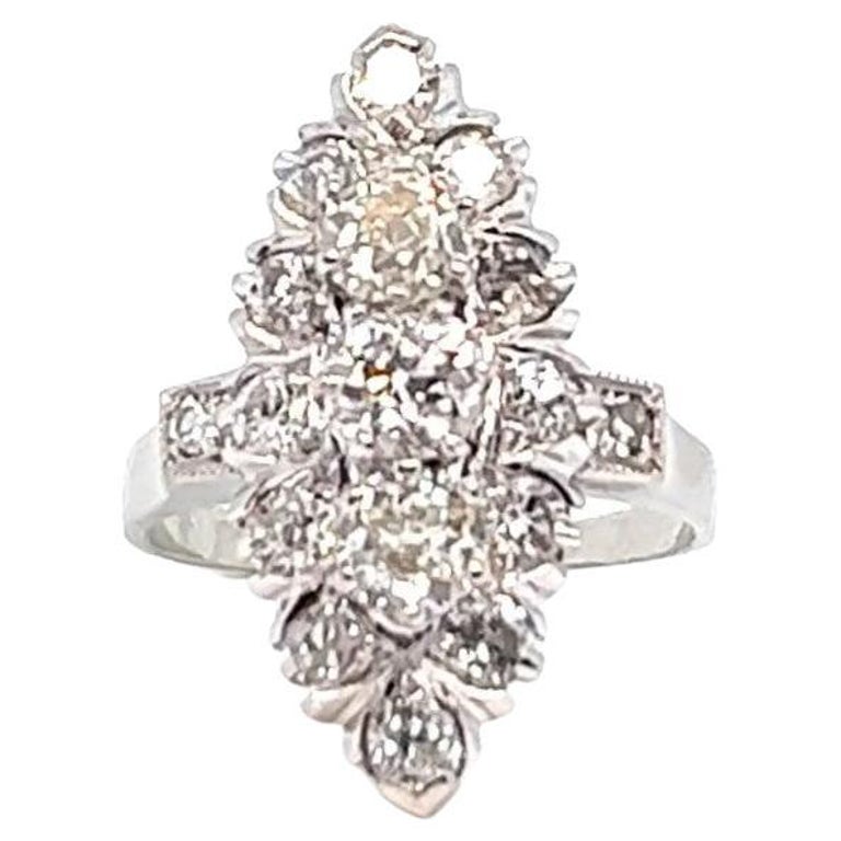 Mid Century Old European Cut Diamond 18 Karat White Gold Navette Ring ...
