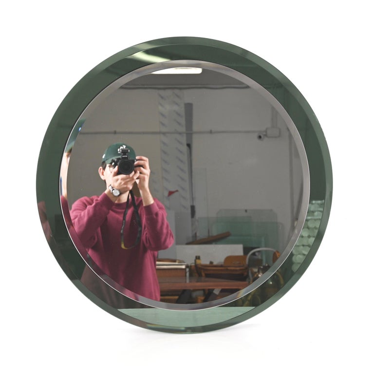 Mid-Century Olive Green Double Beveled Round Mirror, by Metalvetro ...