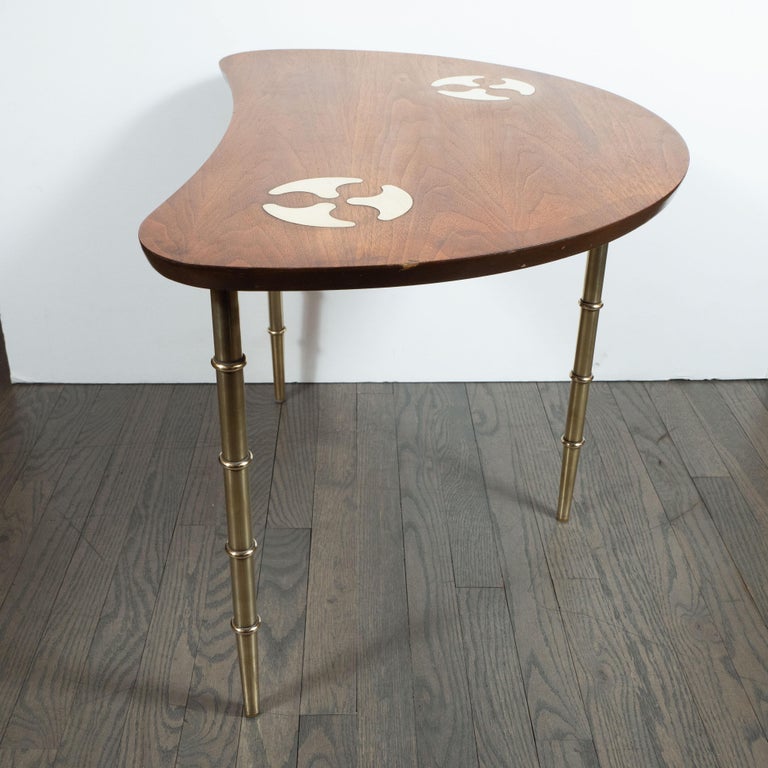 Midcentury Organic Inlaid Brass and Walnut Bowfront Side/End Table by ...