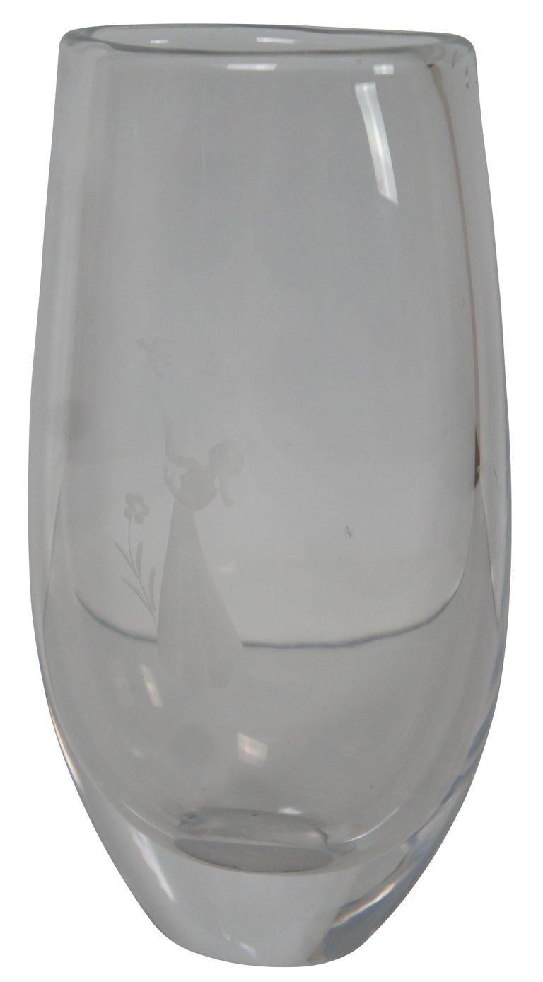 Mid-Century Orrefors Sweden Etched Crystal Glass Vase Girl with Birds ...