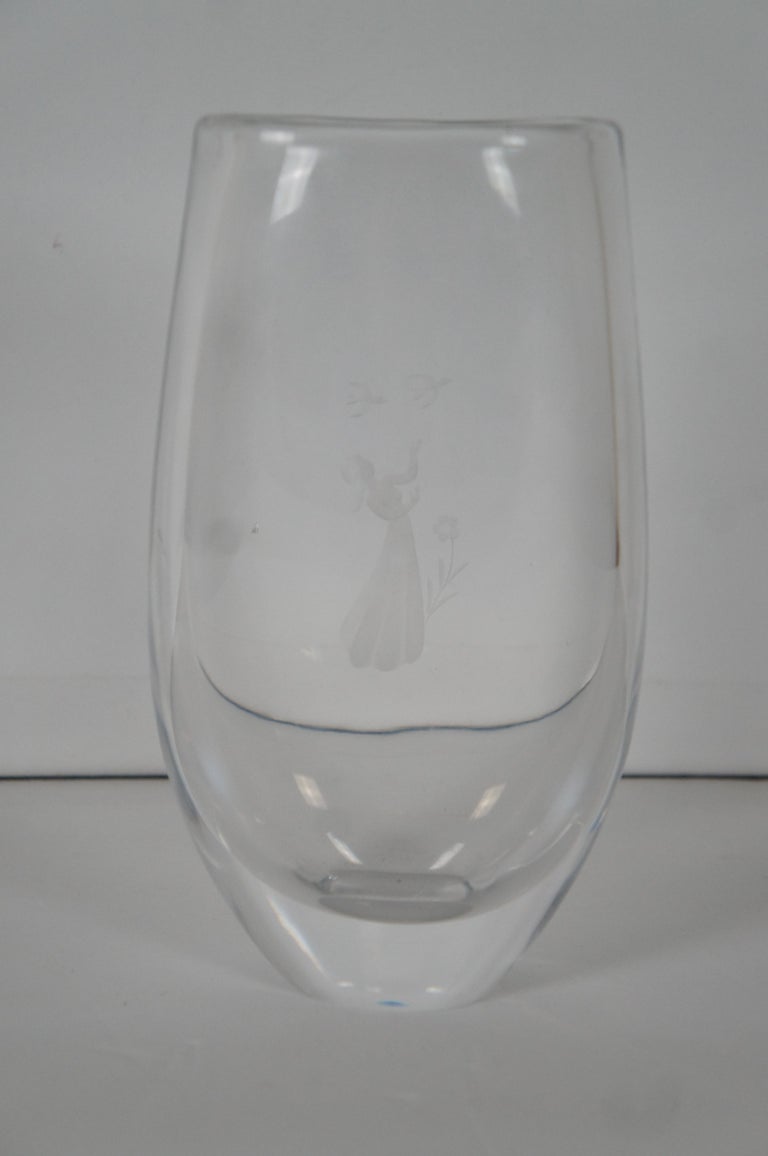 Mid-Century Orrefors Sweden Etched Crystal Glass Vase Girl with Birds ...