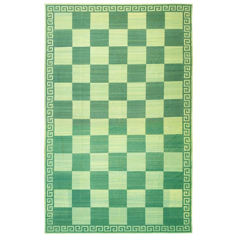Midcentury Oversize Flatweave Checkerboard Carpet in Green For Sale at ...