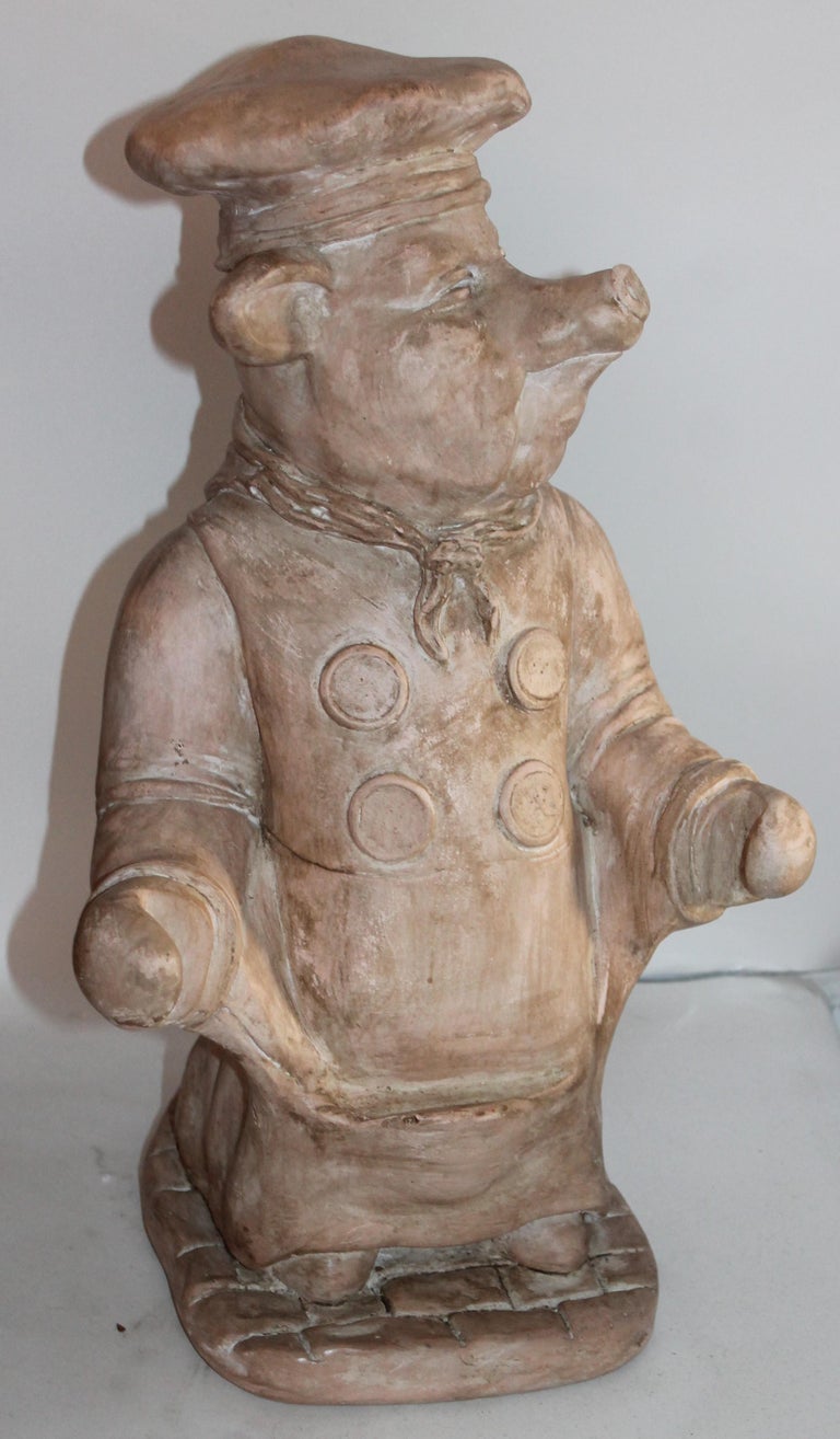 Midcentury Painted Pottery Pig Holding Sign For Sale at 1stDibs