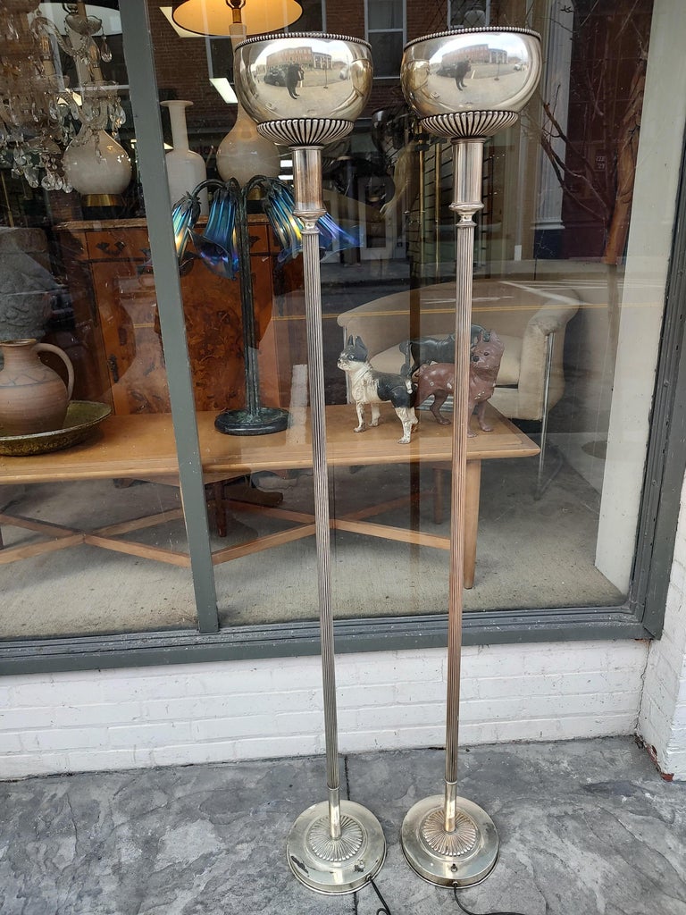 Mid-Century Pair of Art Deco Torchiere Lamps in Nickel For Sale at 1stDibs