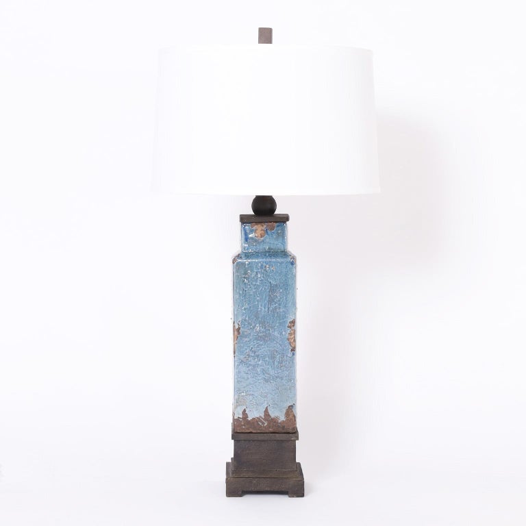 Midcentury Pair of Blue Glazed Earthenware Table Lamps For Sale at 1stDibs