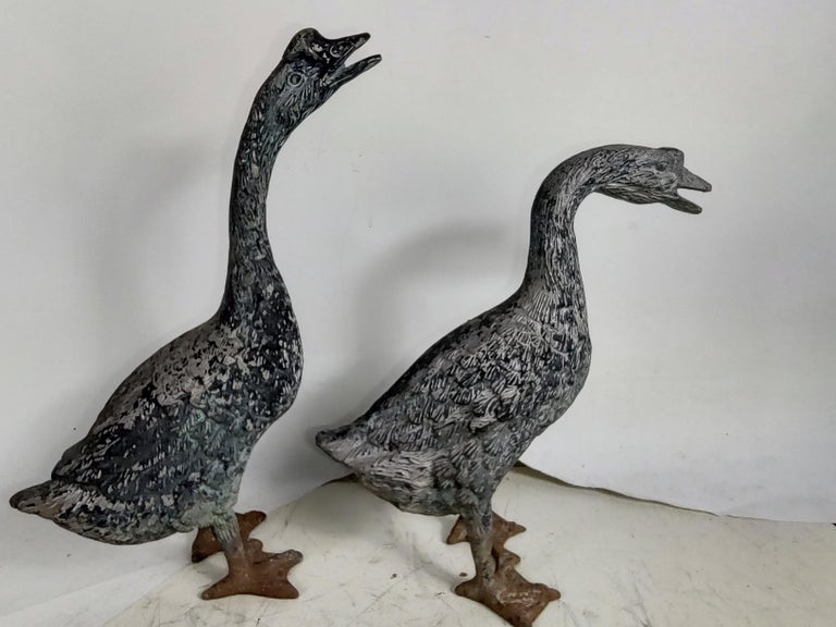 Midcentury Pair of Cast Alminum Garden Geese Indoor Outdoor with Patina ...